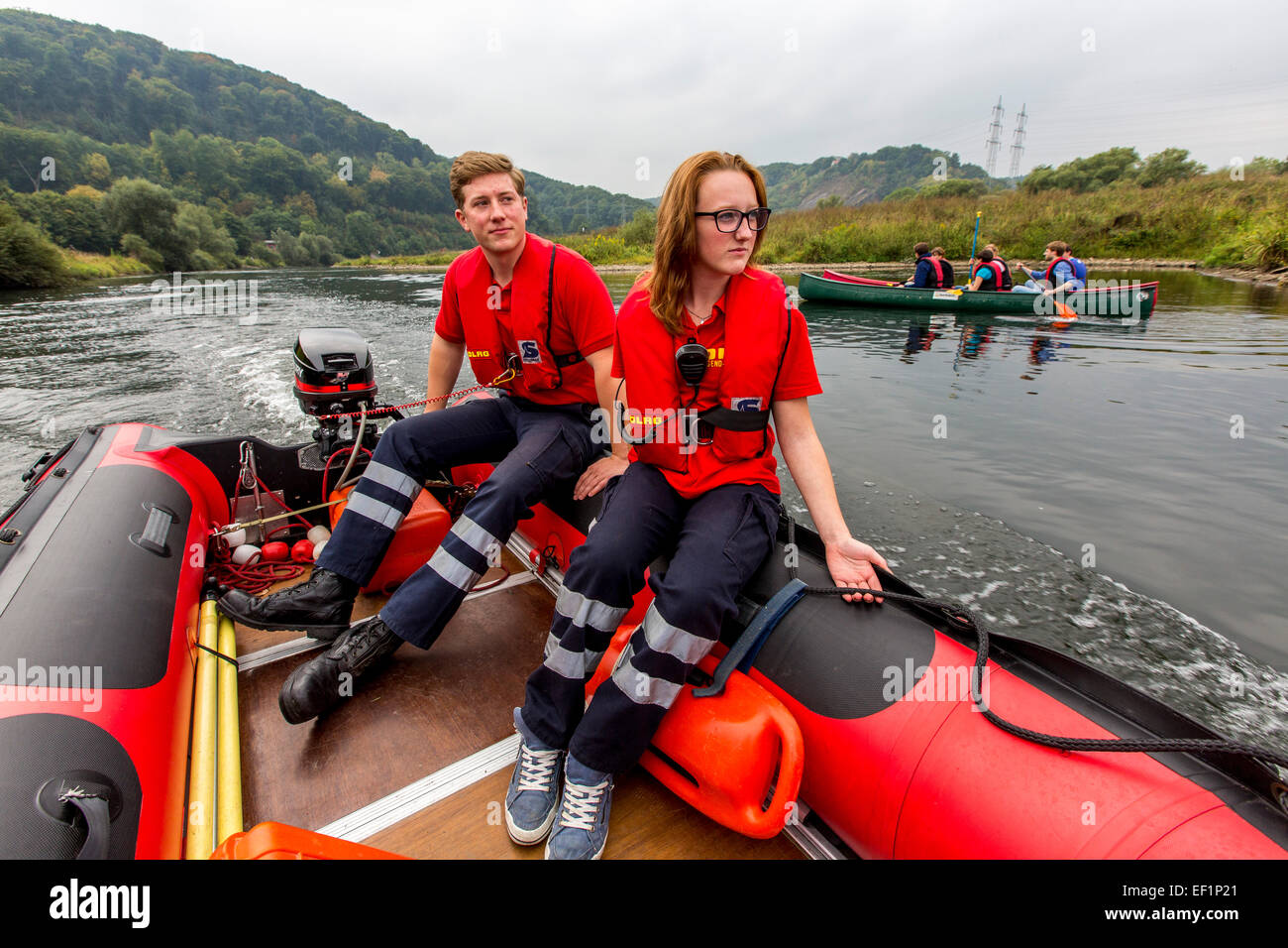 River patrol boat on river Ruhr, by DLRG volunteers, German life saving ...