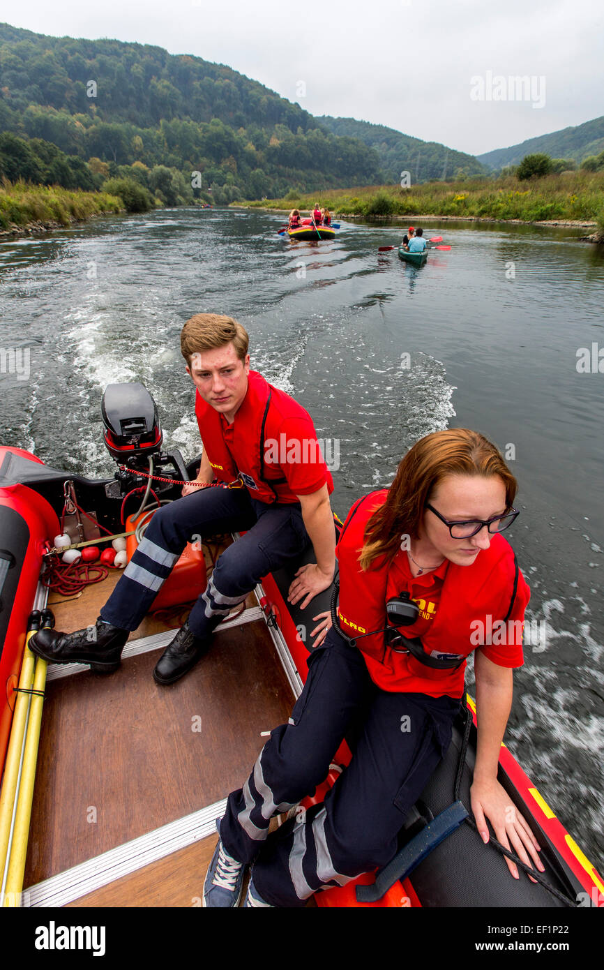 River patrol boat on river Ruhr, by DLRG volunteers, German life saving ...