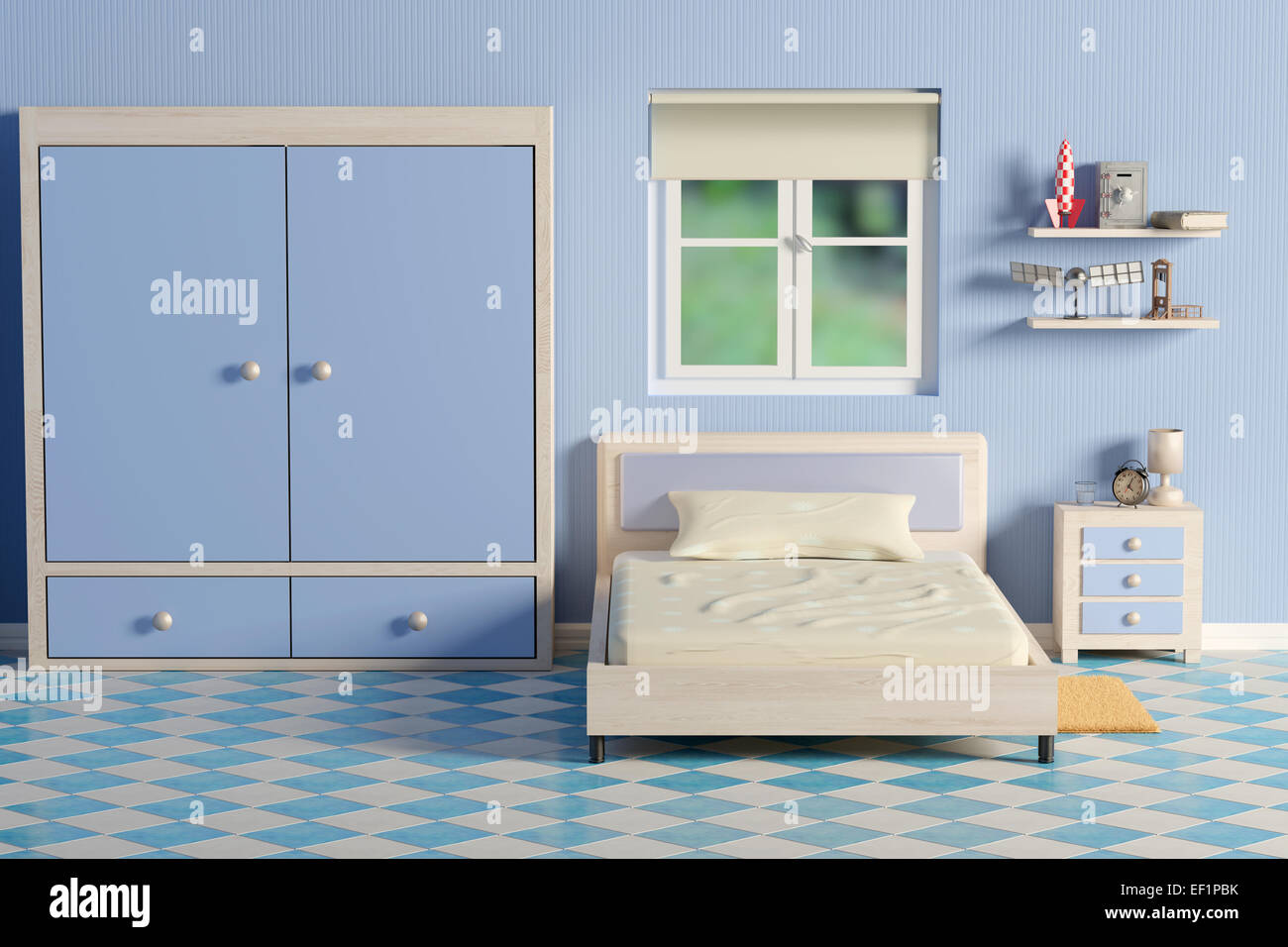 3d rendering of a blue room and an a window Stock Photo - Alamy