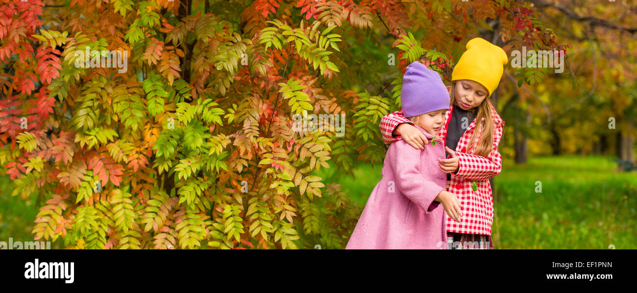 Two adorable girls in forest at warm sunny autumn day Stock Photo - Alamy