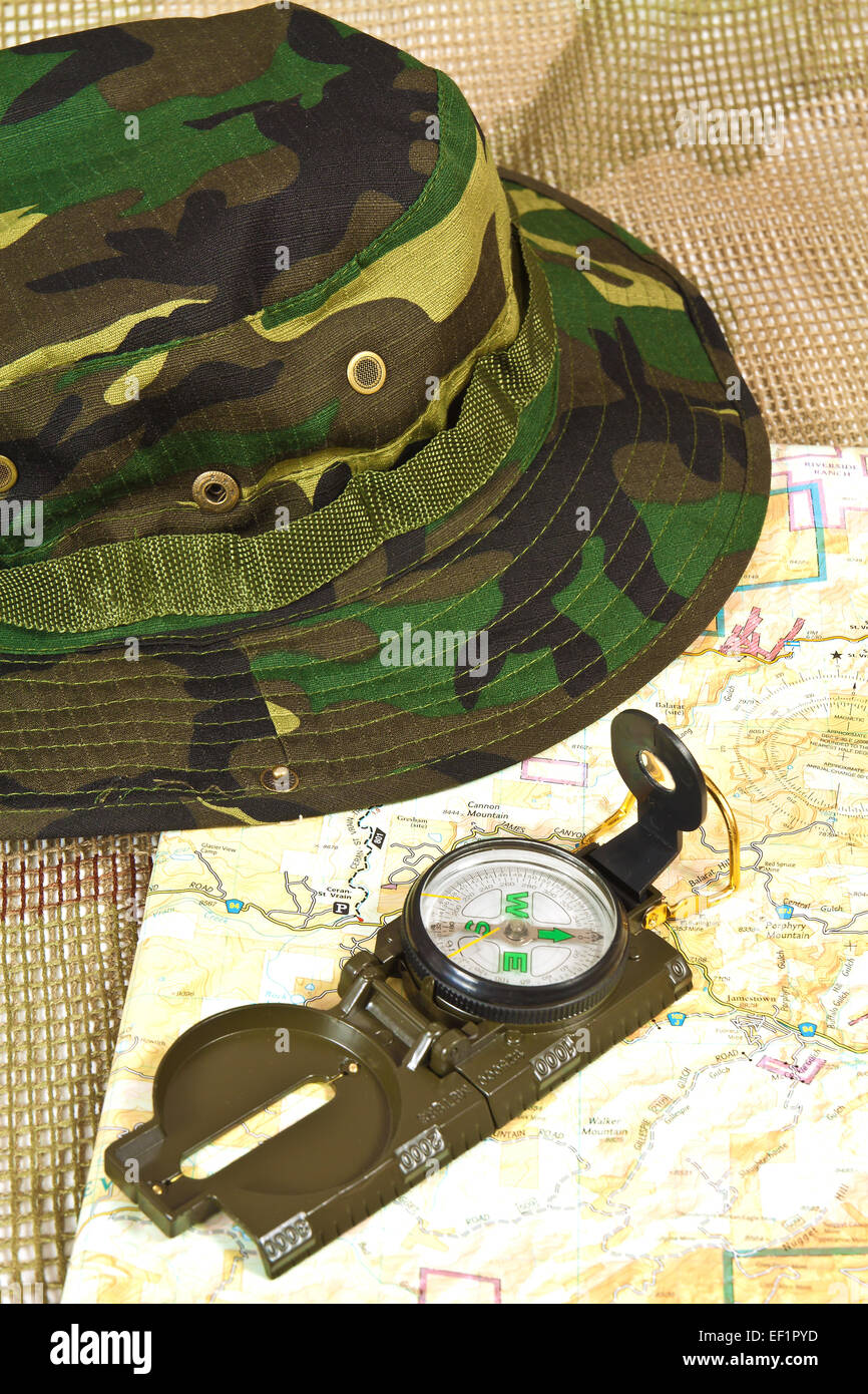 Military stuff - map,compasse, camoflage Stock Photo - Alamy