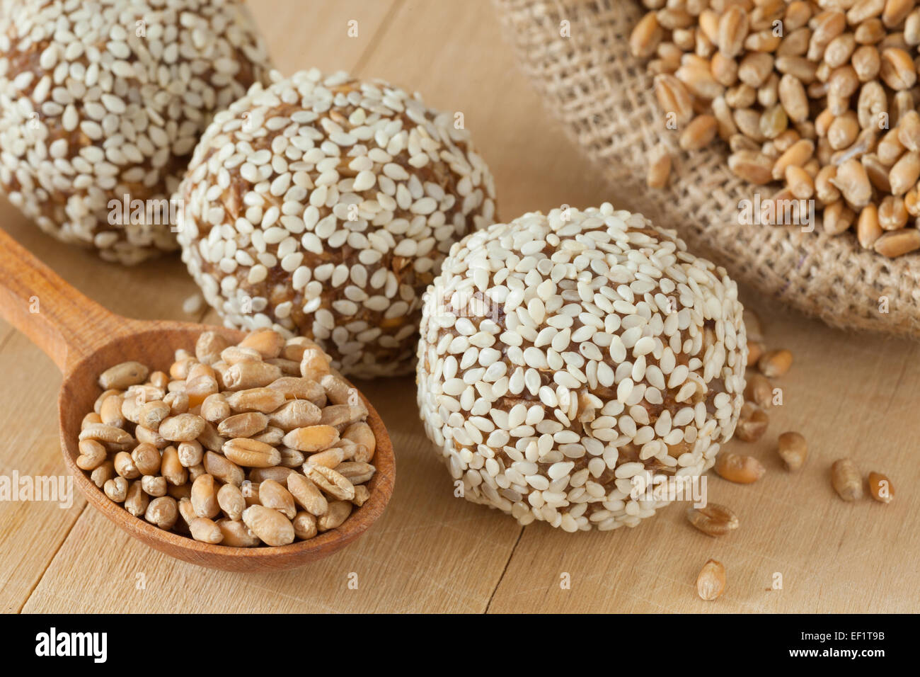 macrobiotic healthy food. balls from ground wheat sprouts with sesame ...