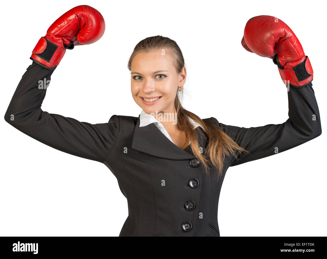 Businesswoman wearing boxing gloves wins Stock Photo - Alamy
