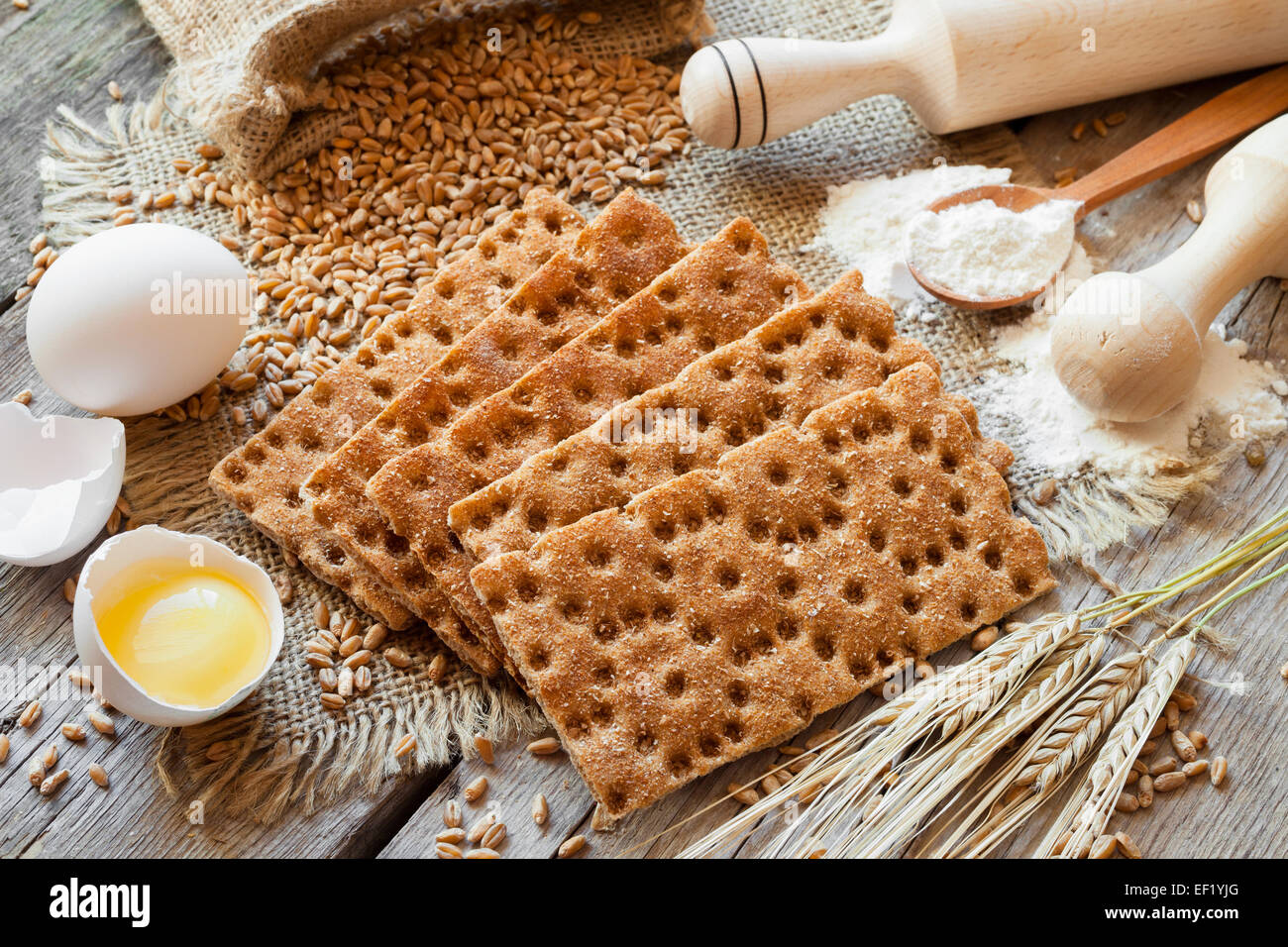 grain rye Crispbread, cereal crackers on table Stock Photo - Alamy