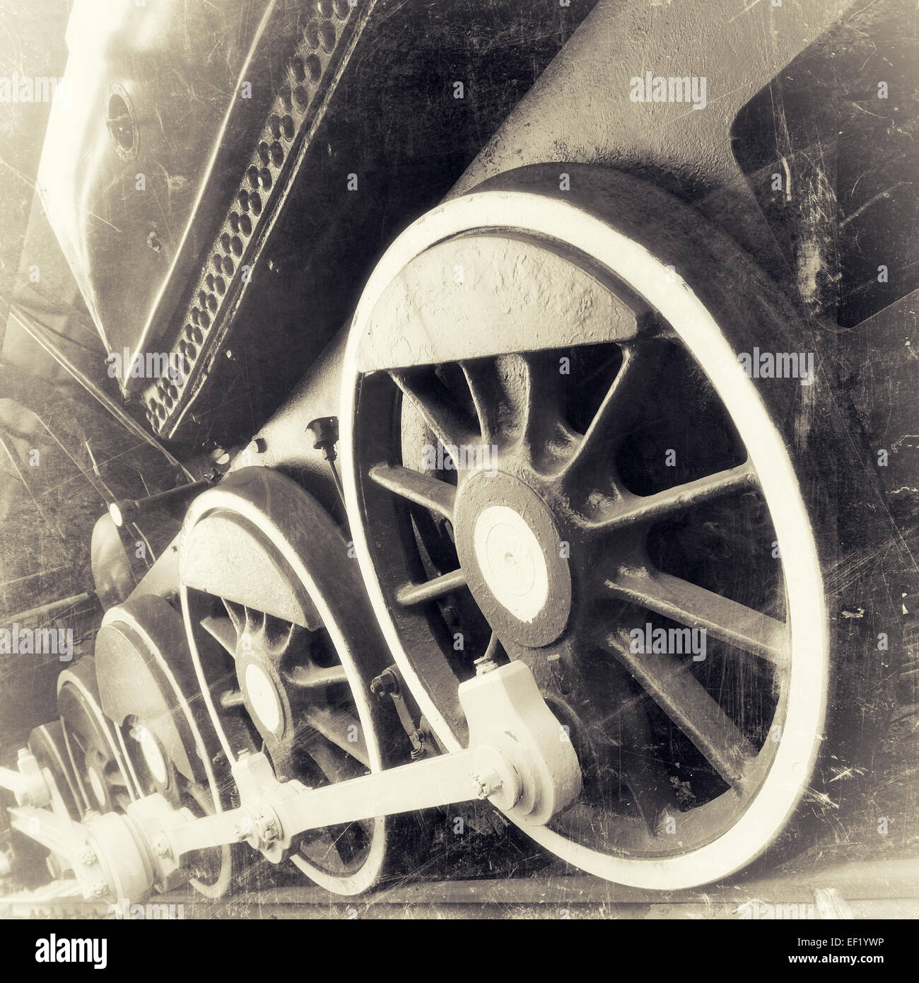 steam locomotive wheels close up in retro black and white design ...