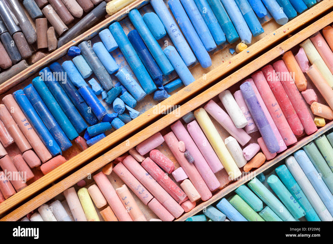 Set of multicolored pastel crayons in wooden artist box closeup, top ...