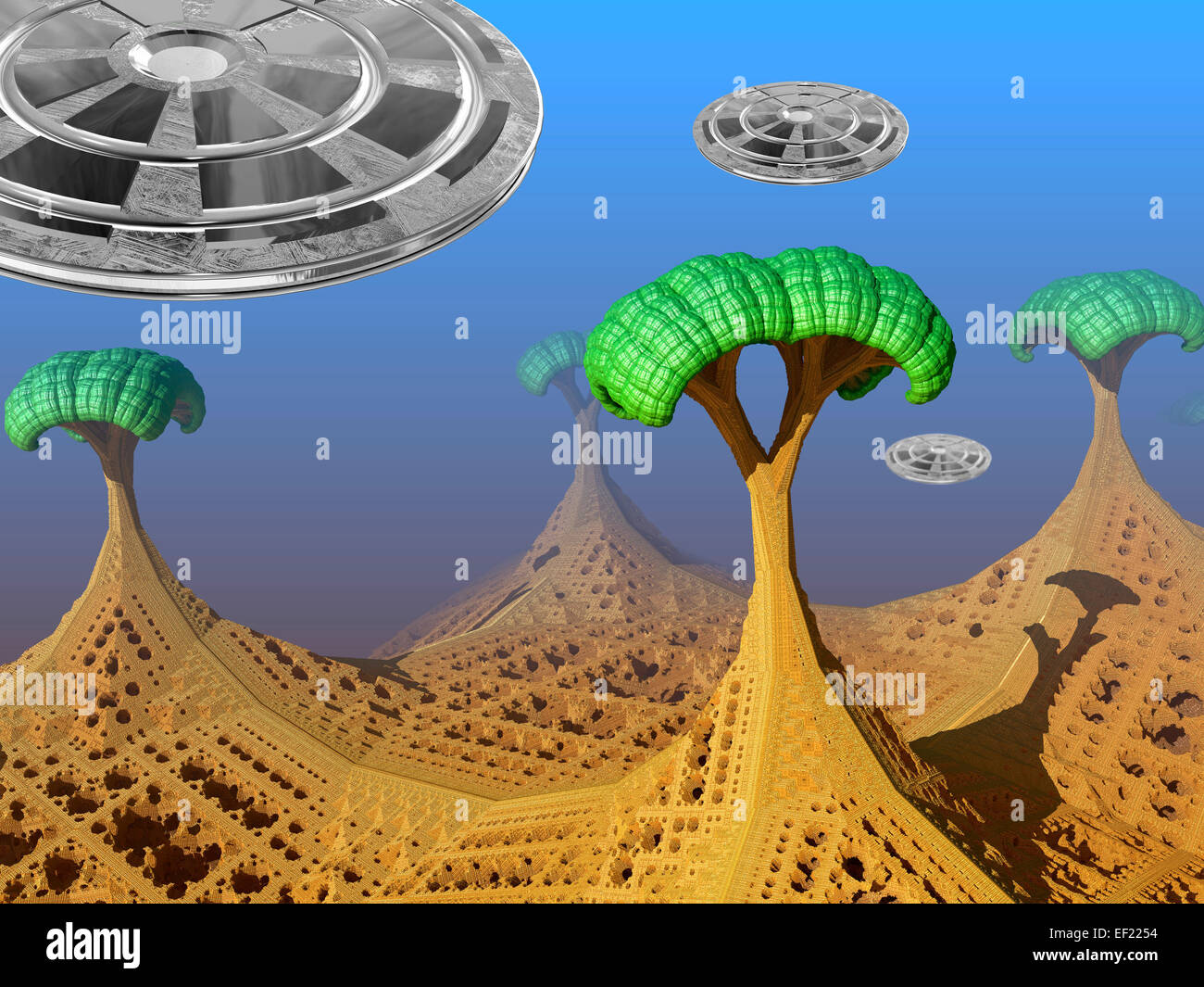 Fantasy alien landscape with trees and three UFOs Stock Photo - Alamy