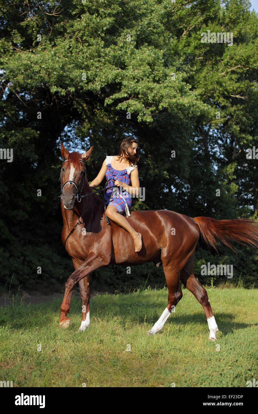 Blond girl riding horse hi-res stock photography and images - Alamy