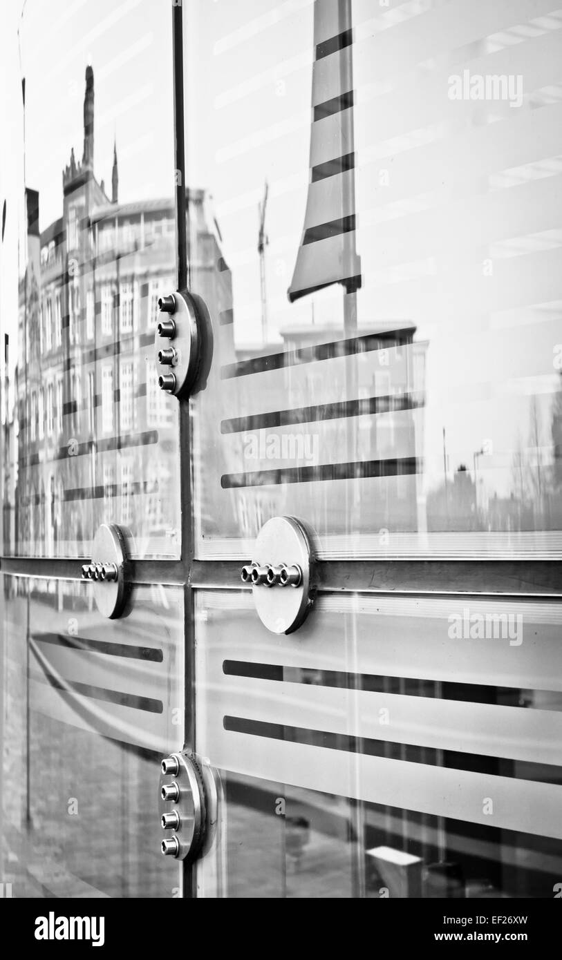 Glass panels on a modern building with details of the reinforcing ...