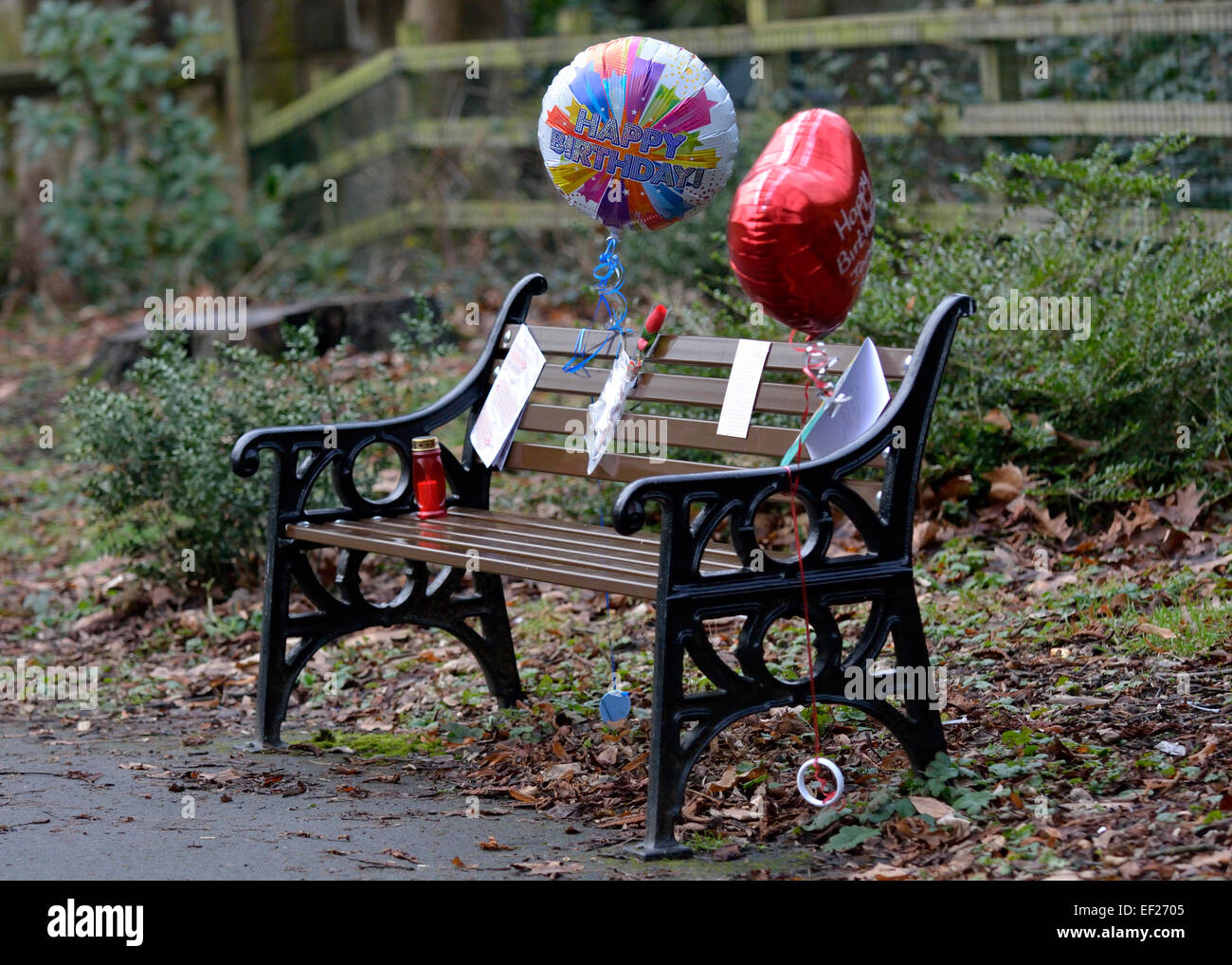 Indications of a birthday left on a park bench Stock Photo - Alamy