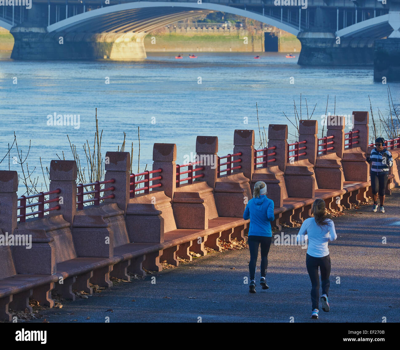 Joggers on a winter morning running in Battersea Park by the river ...