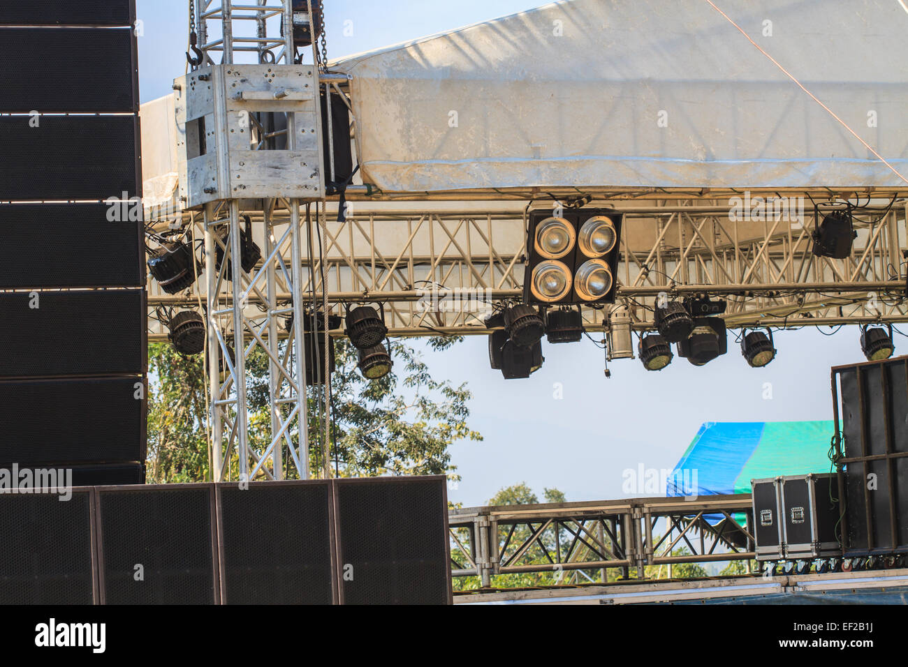 multiple spotlights on a theatre stage lighting rig for consert Stock ...