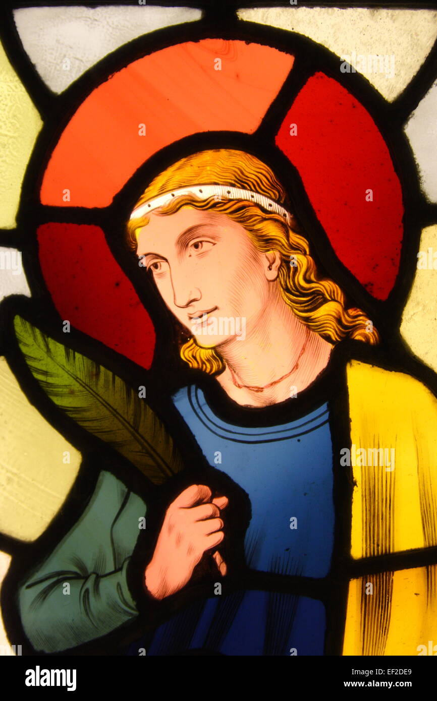 Detail of a stained glass depiction of St Winifred, the chapel, Castell ...