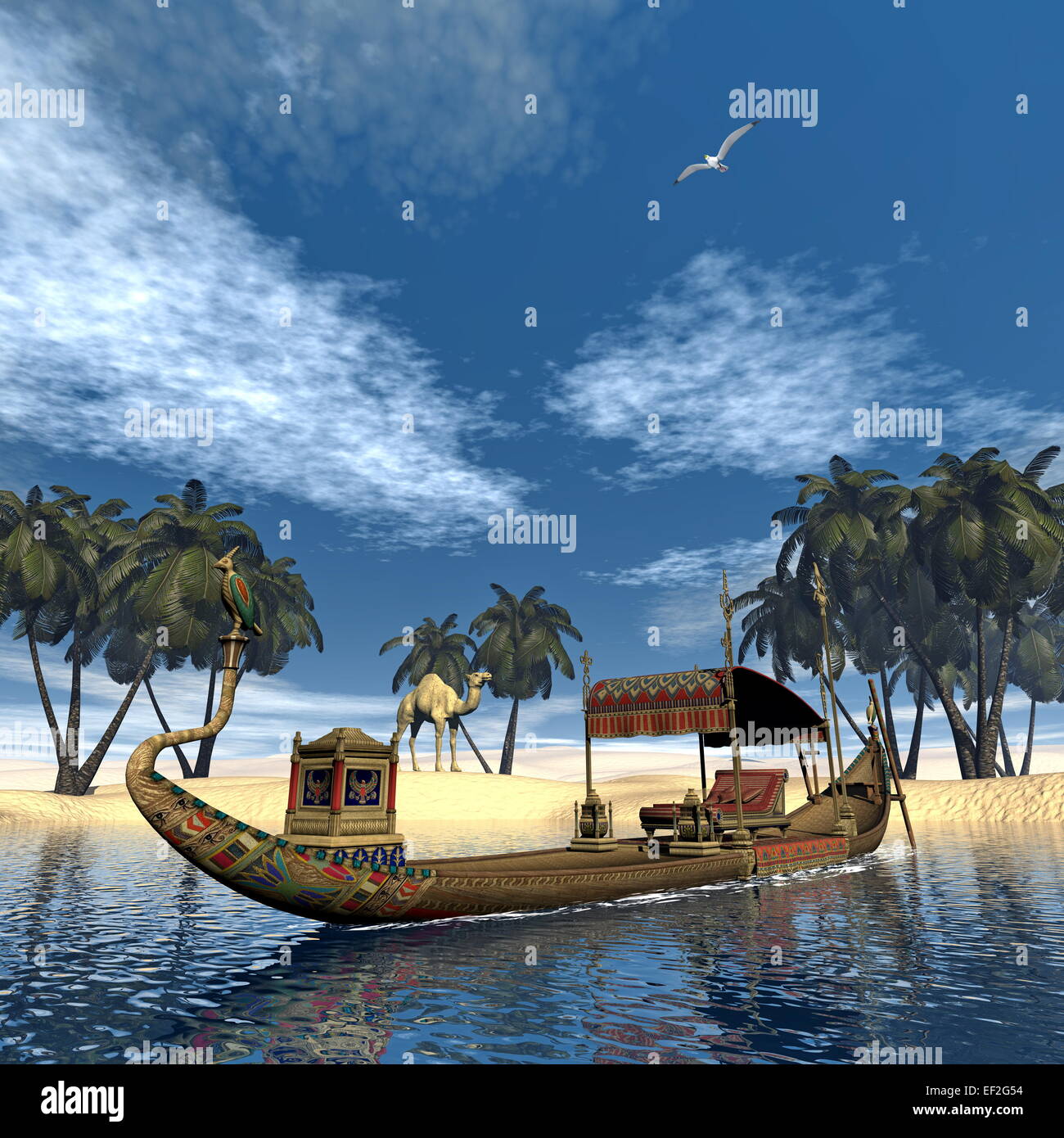 Egyptian sacred barge with throne floating on Nile river next to sand ...