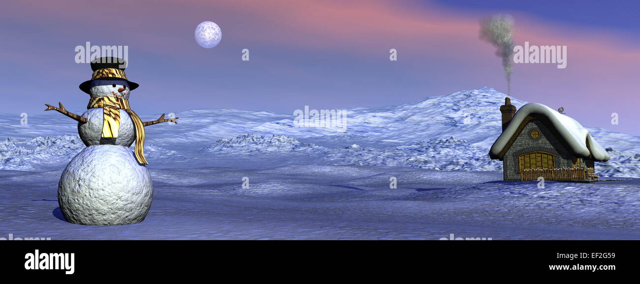 Snowman standing next to a cottage on snowy hill by night with full ...