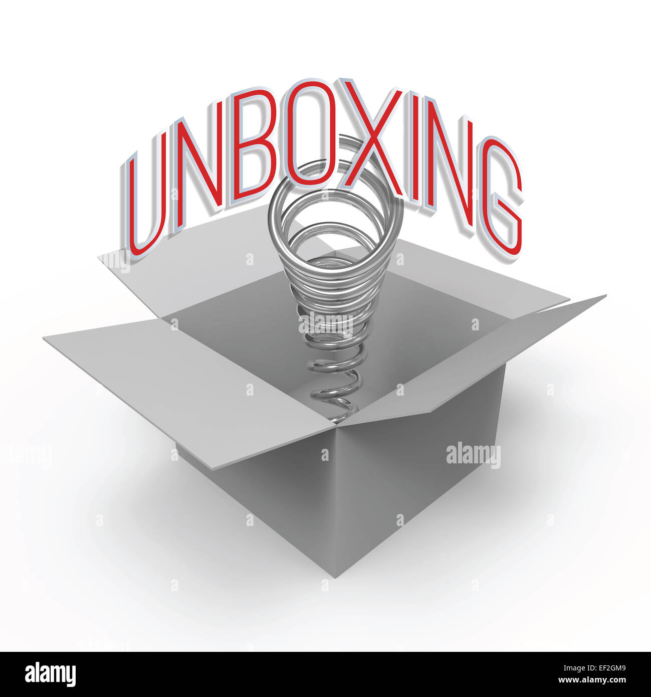 Cardboard box with spring and caption 'Unboxing'. Concept for ...