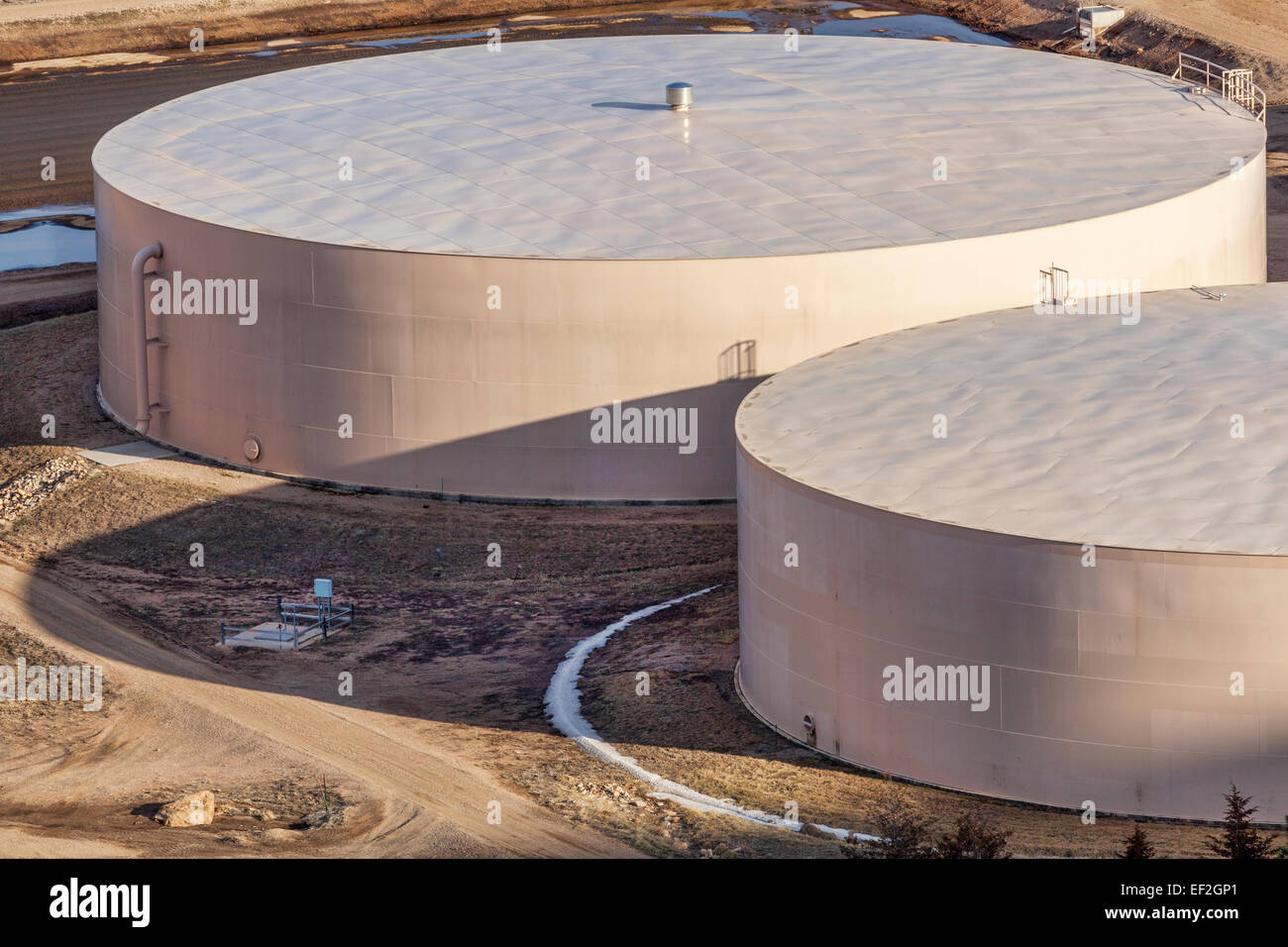 round metal water tanks at filtration plant - industrial architecture ...