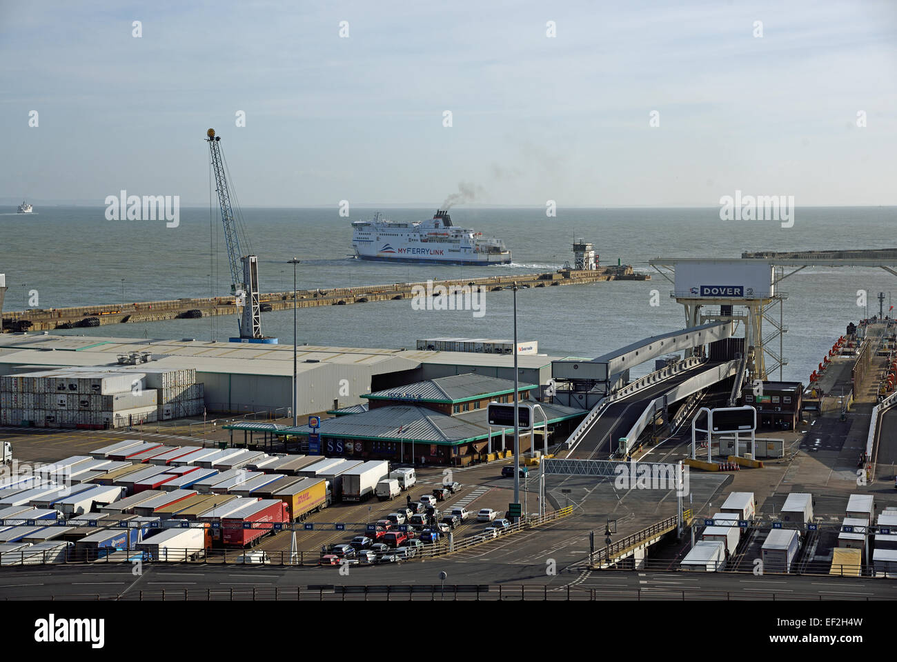 My Ferry Link ship MS Berlioz leaving Port of Dover, Kent, UK. en route ...