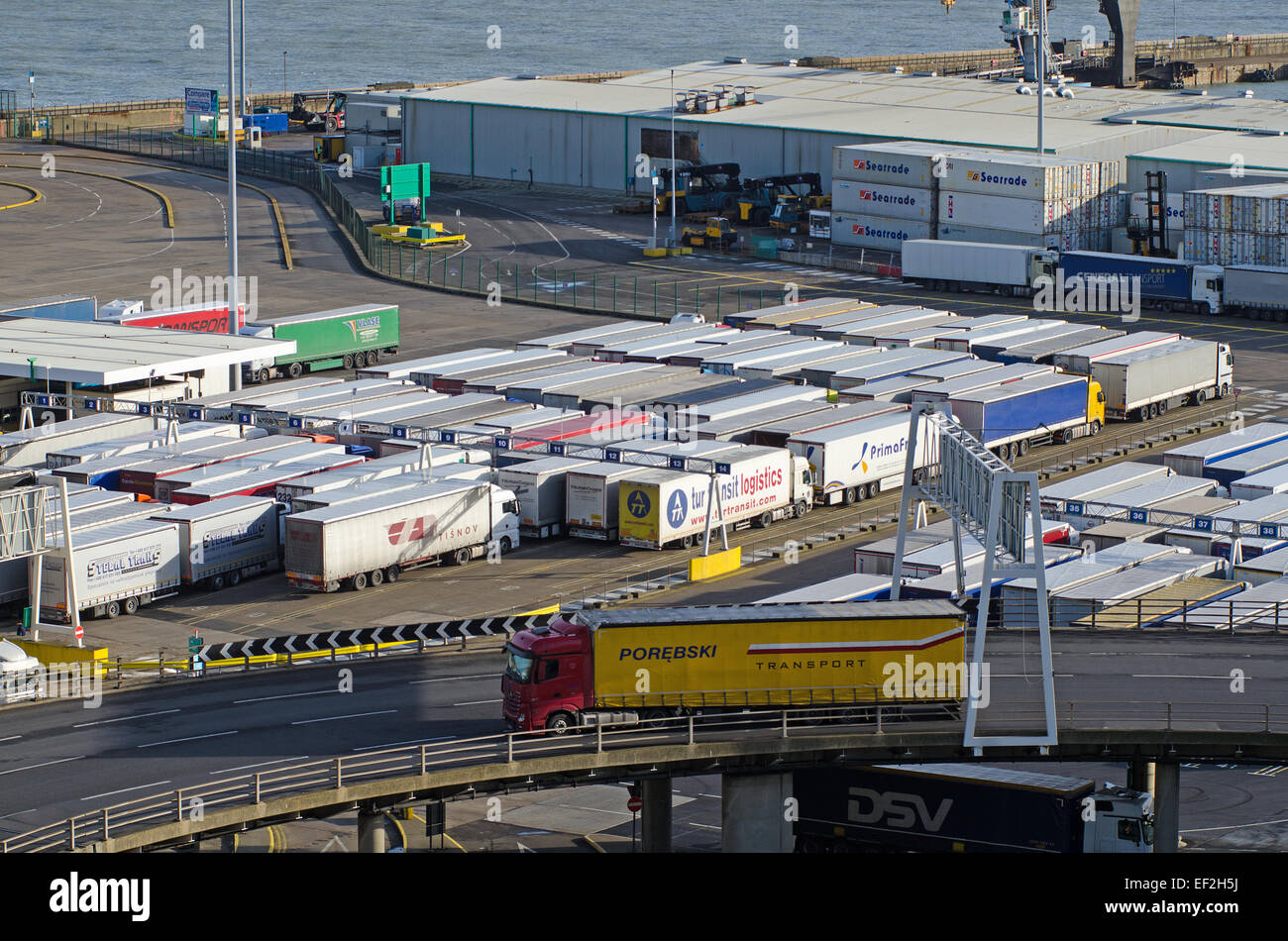 Lorries queuing before embarkation at Port of Dover, Kent, UK Stock ...