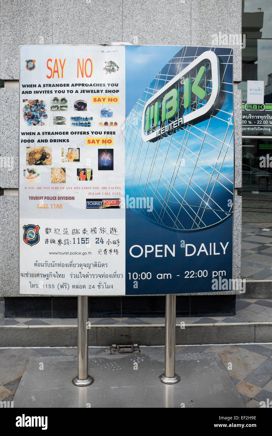 Tourist Police Scam Warning Sign outside MBK Center Bangkok Stock Photo ...