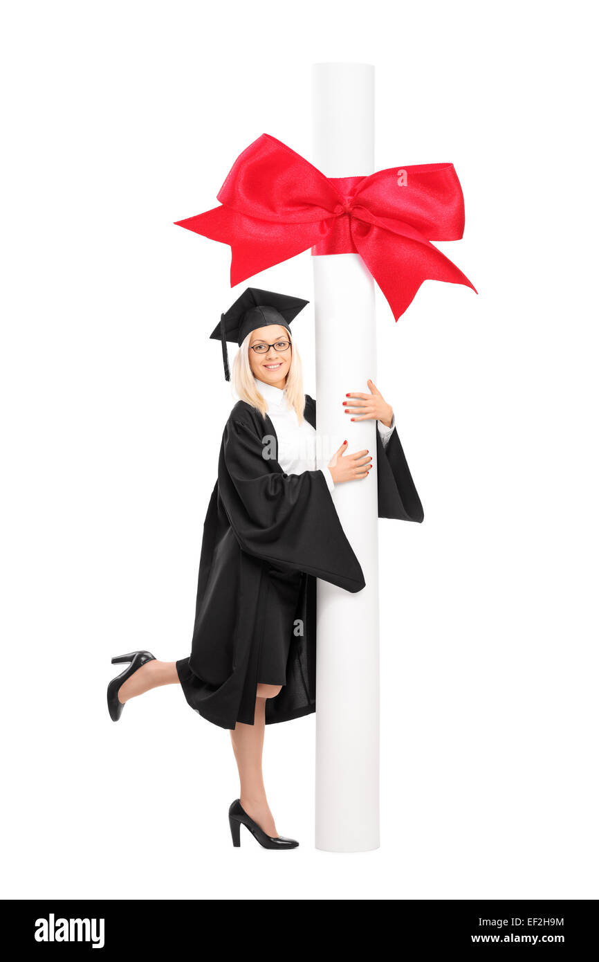 Full length portrait of a female graduate student posing with a huge ...