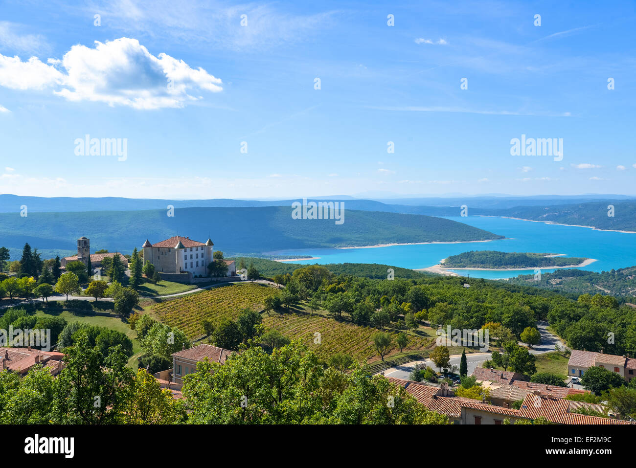 view at lake st croix with castle in aiguines in provence france Stock ...