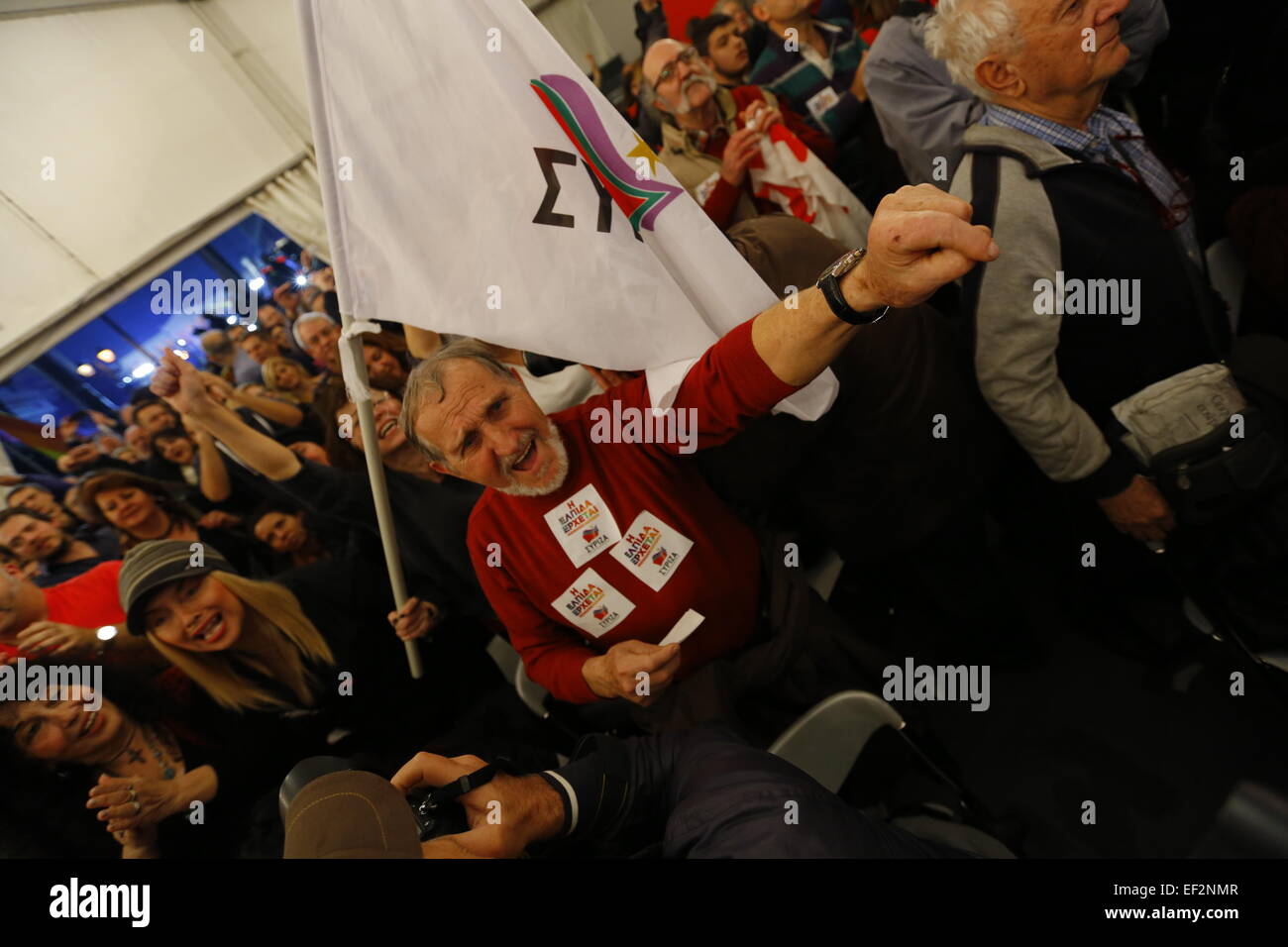 Athens, Greece. 25th January 2015. A man celebrates SYRIZA's election ...