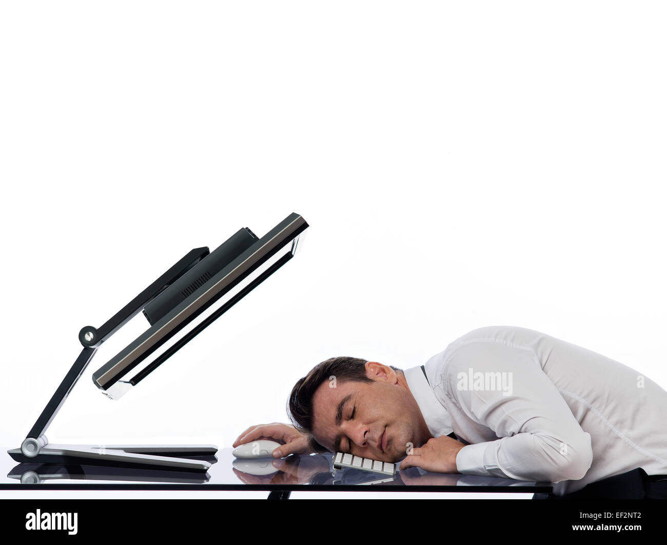 one caucasian business man using computer sleeping in studio indoors ...