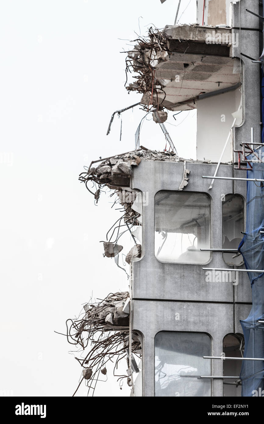 Urban scene. Dismantling of a house. Ruins of building under ...