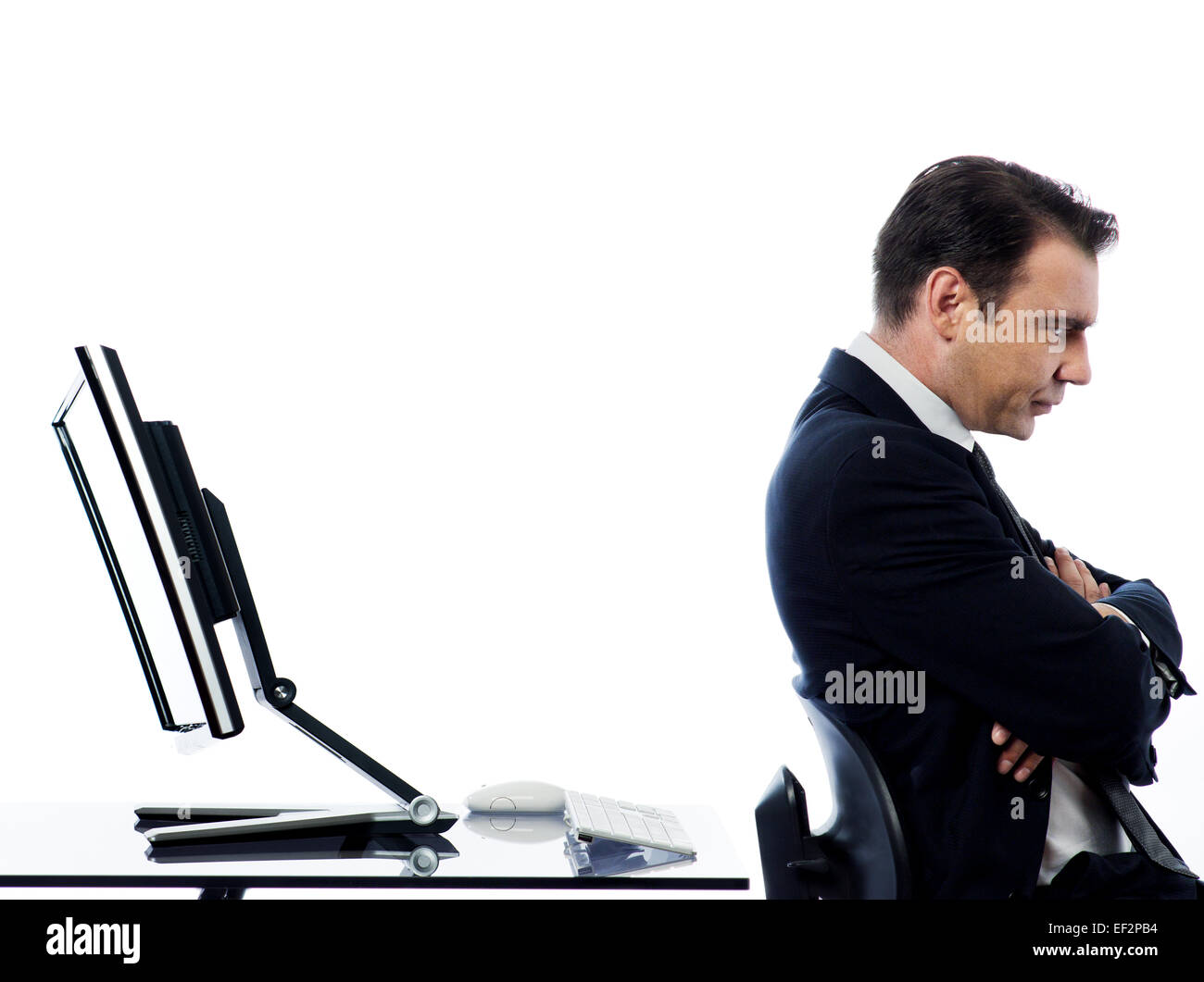 caucasian man and a computer display monitor on isolated white ...