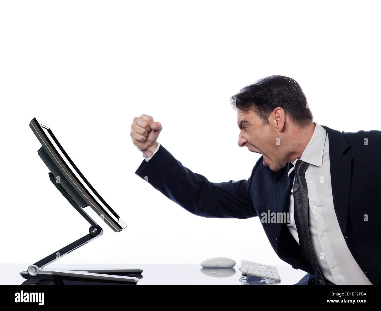 caucasian man and a computer display monitor on isolated white ...