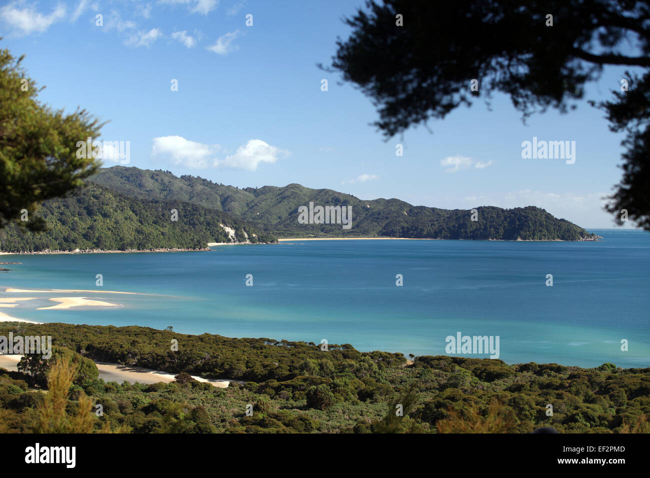 Abel Tasman National Park viewed from hills above Awaroa Inlet, Nelson ...