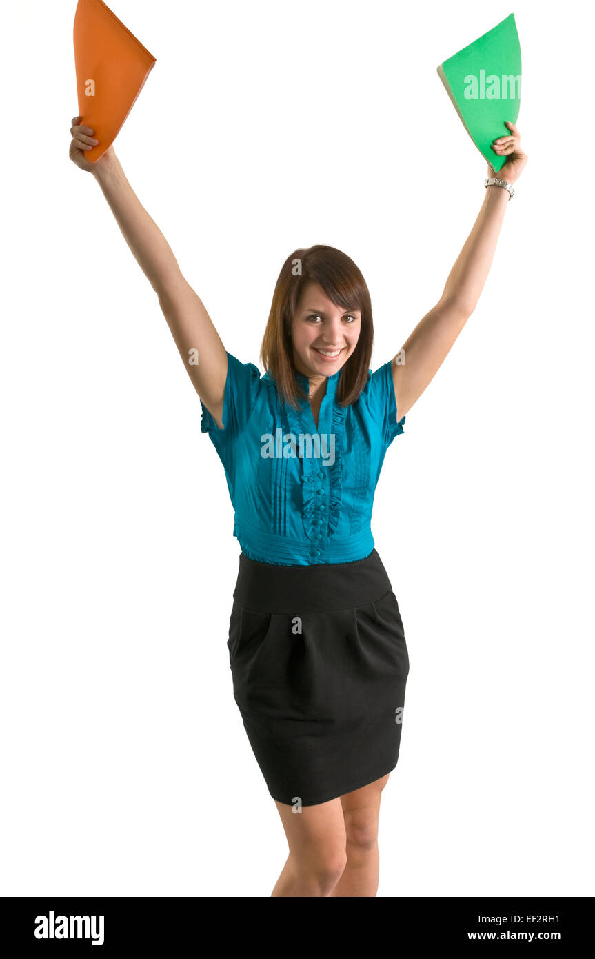 Woman holding two file folders above her head Stock Photo - Alamy