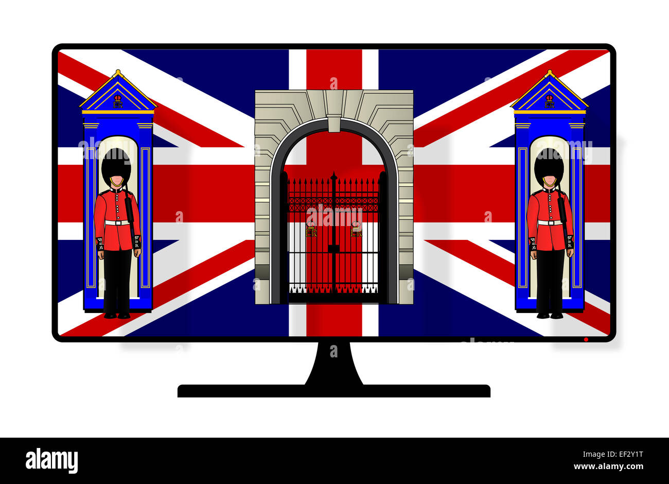 A TV or computer screen with a Union Jack flag and Buckingham Palace ...