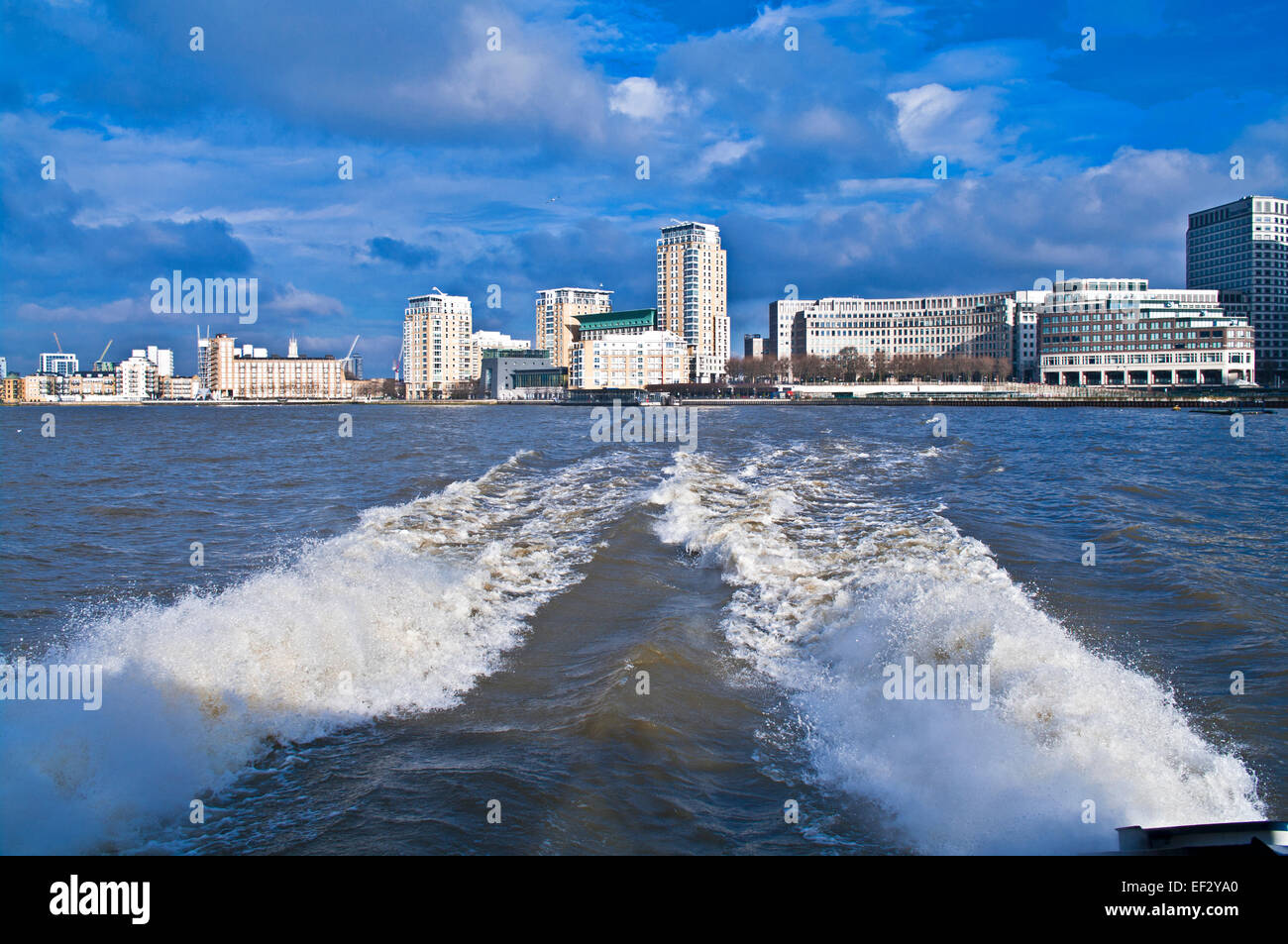 The wake from a Thames Clipper catamaran as it travels at high speed ...