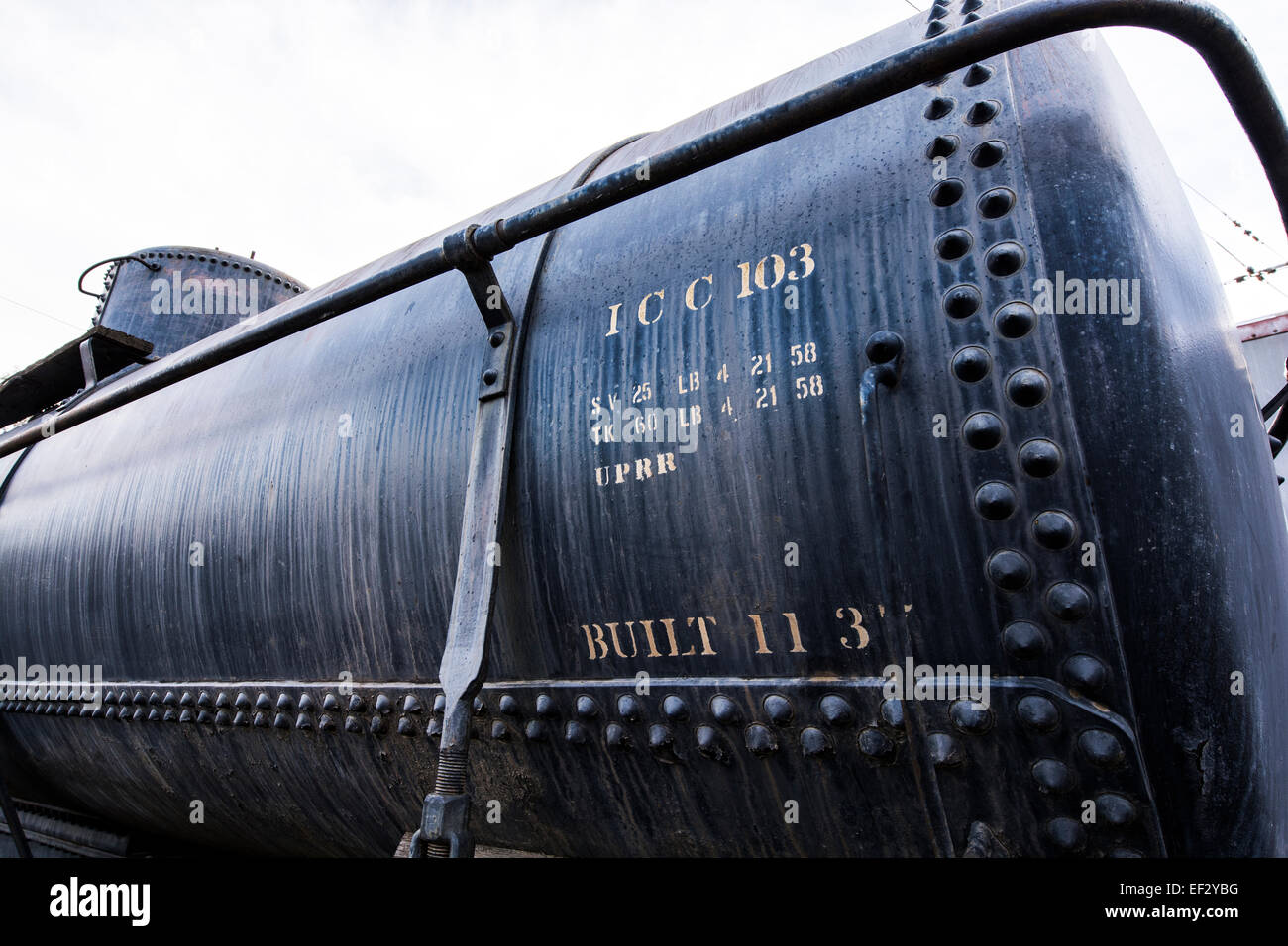 An old fuel carrying train car (tank car) built in the late 1930s Stock ...