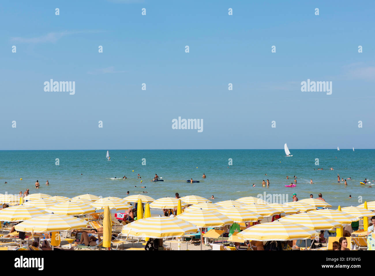 Bathers and parasols on the beach, sea, Senigallia, Province of Ancona ...