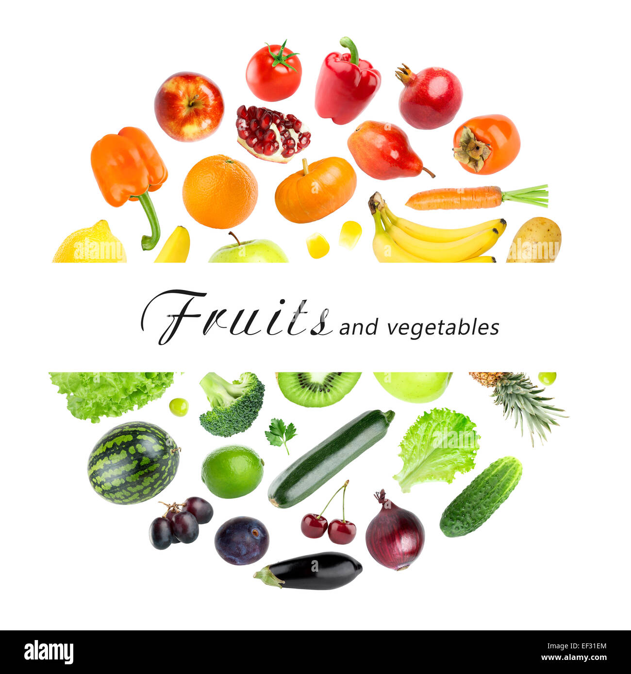 Collection of fruits and vegetables on white background. Fresh food ...