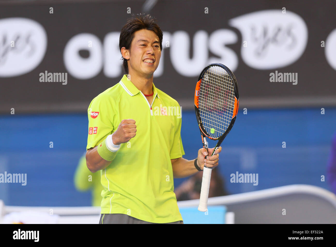 Melbourne, Australia. Nishikori defeated David Ferrer (ESP) in 3 sets ...