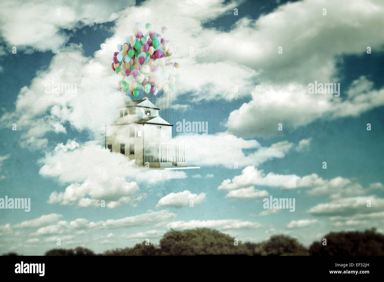 wooden white house flying in the blue sky Stock Photo - Alamy