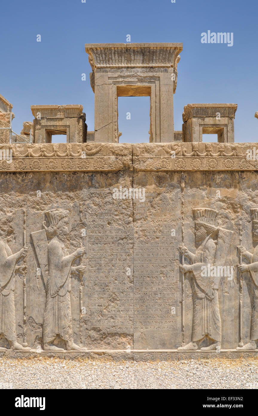Figures on walls of ancient persian capital Persepolis in current Iran ...
