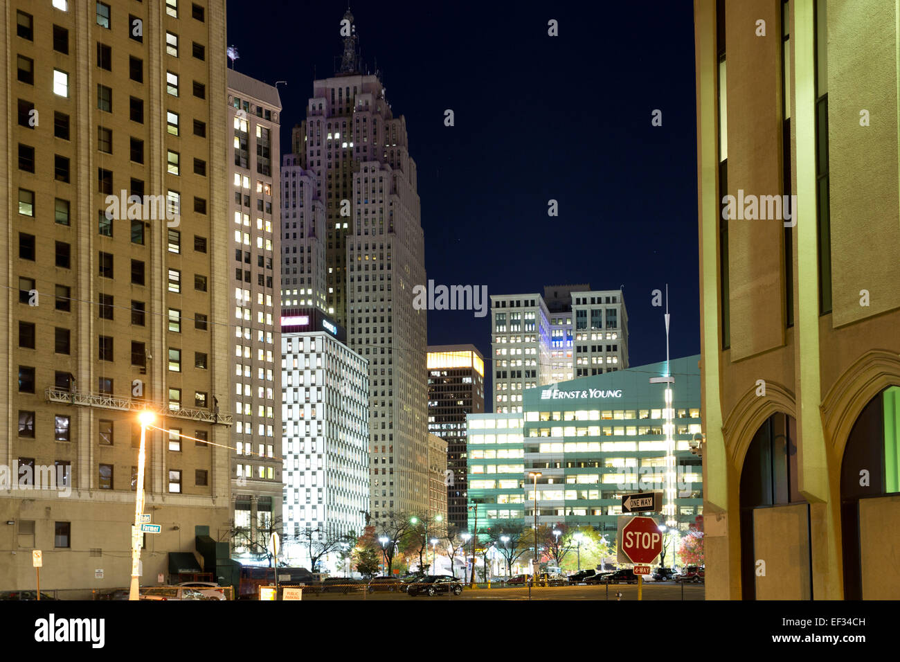 Downtown Detroit at night, Michigan, USA. Oct. 28, 2014 Stock Photo - Alamy