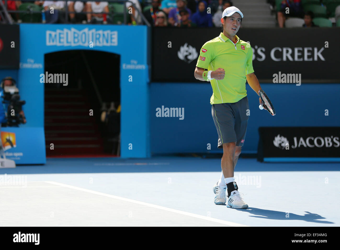 Melbourne, Australia. Nishikori defeated David Ferrer (ESP) in 3 sets ...