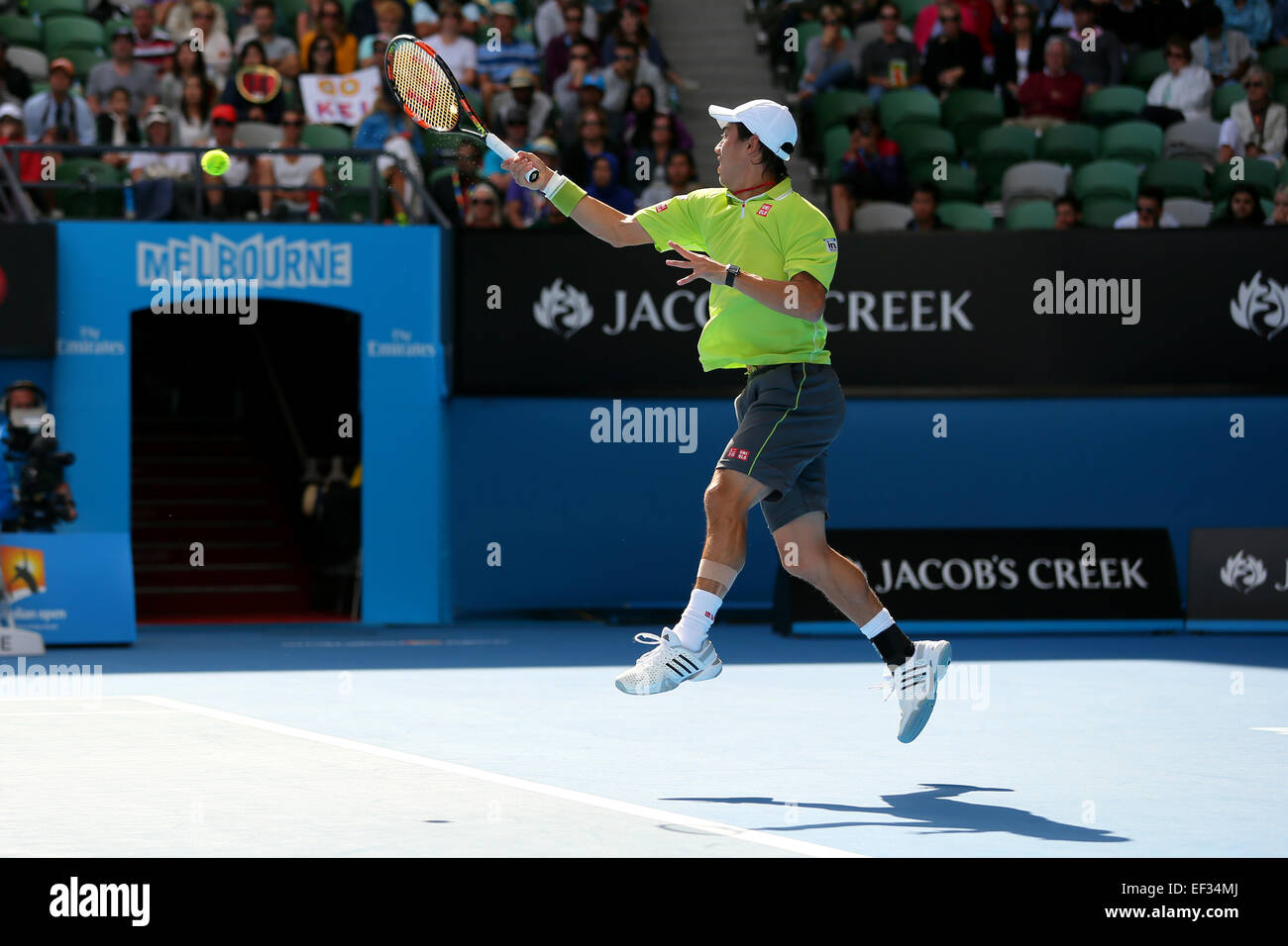 Melbourne, Australia. Nishikori defeated David Ferrer (ESP) in 3 sets ...