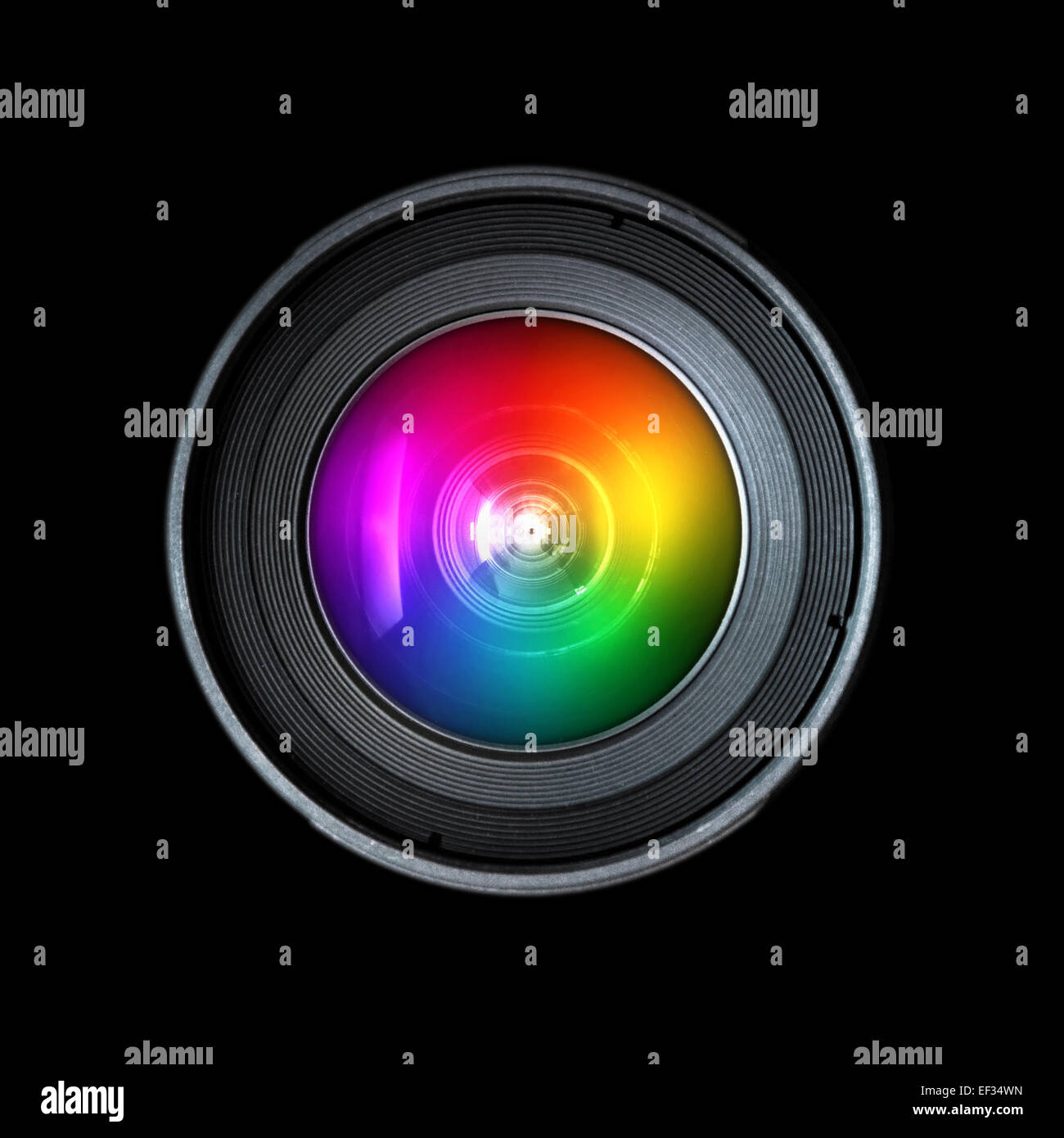 Photography camera lens, front view isolated on black background Stock ...