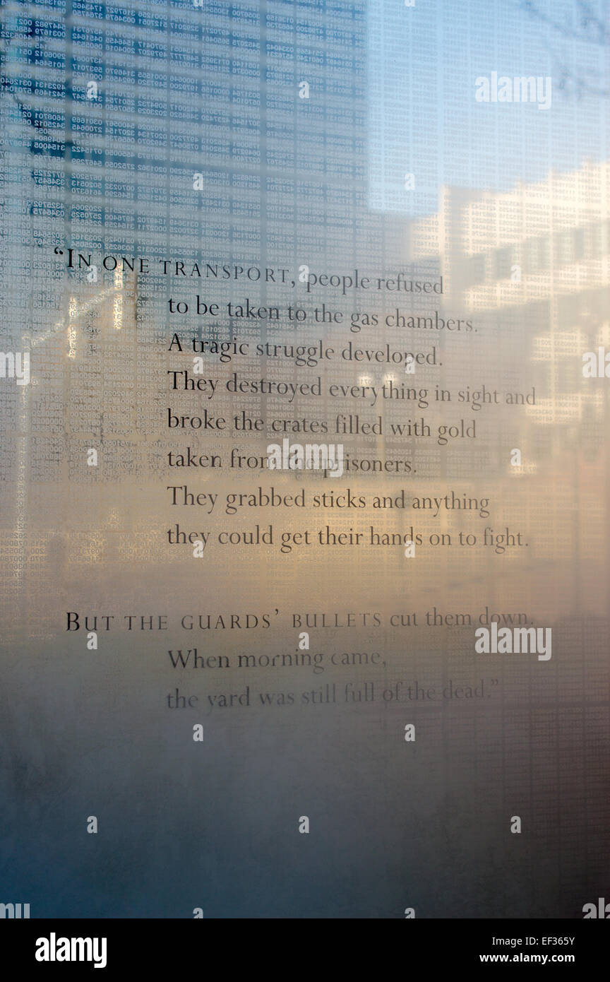 Text/quote and prisoner numbers on the Holocaust Memorial, Boston ...