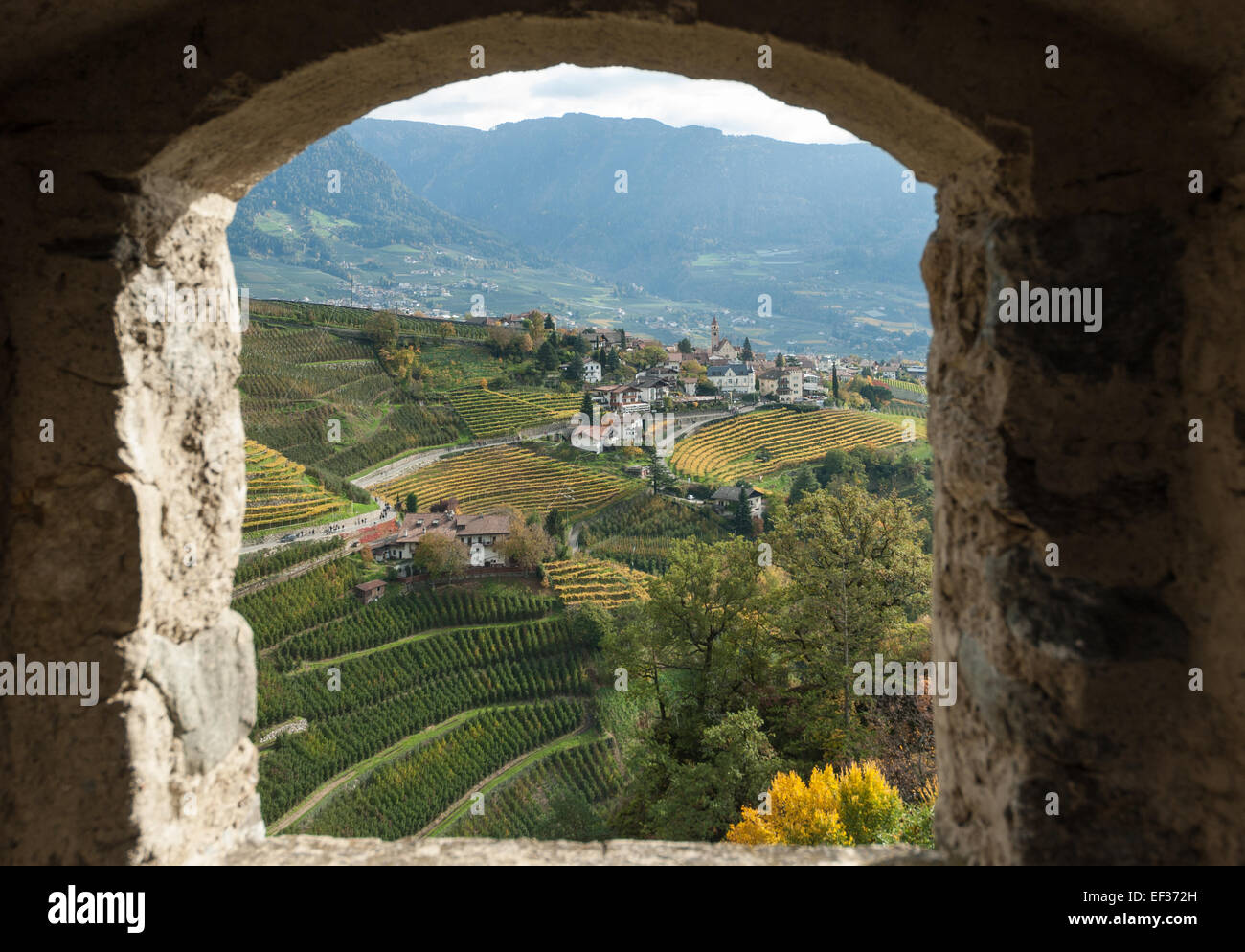 View of Dorf Tirol from Schloss Tirol, a historic castle offering ...