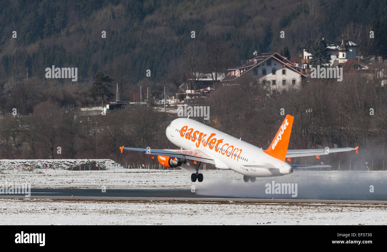 EasyJet flight G-EZUS is pictured at Flughafen Innsbruck, showcasing ...