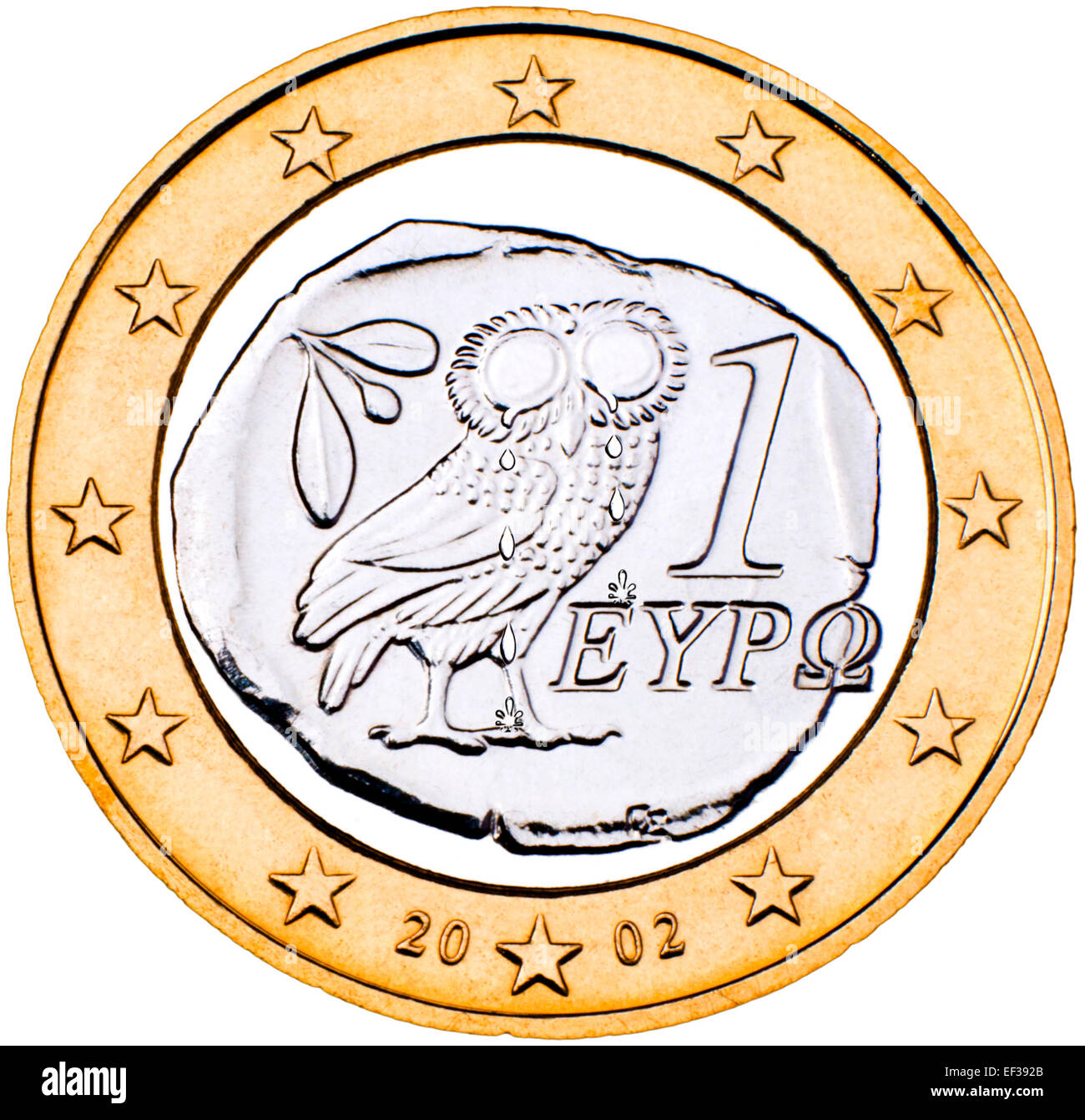 Greek 1 Euro Coin (reverse) with the owl crying Stock Photo - Alamy