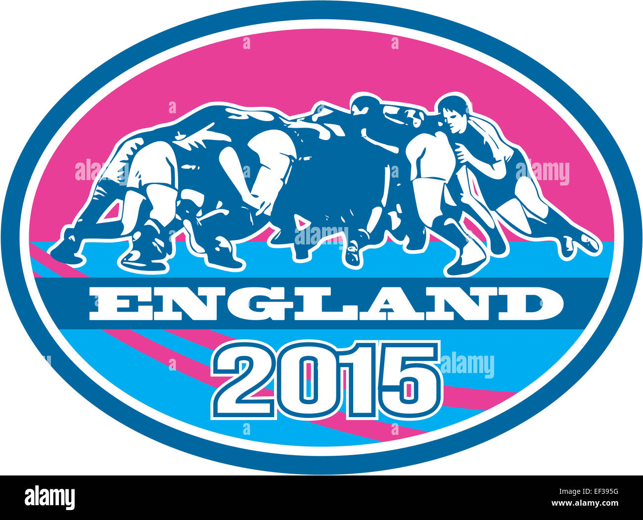 Illustration of rugby union players in a scrum set inside shield with ...